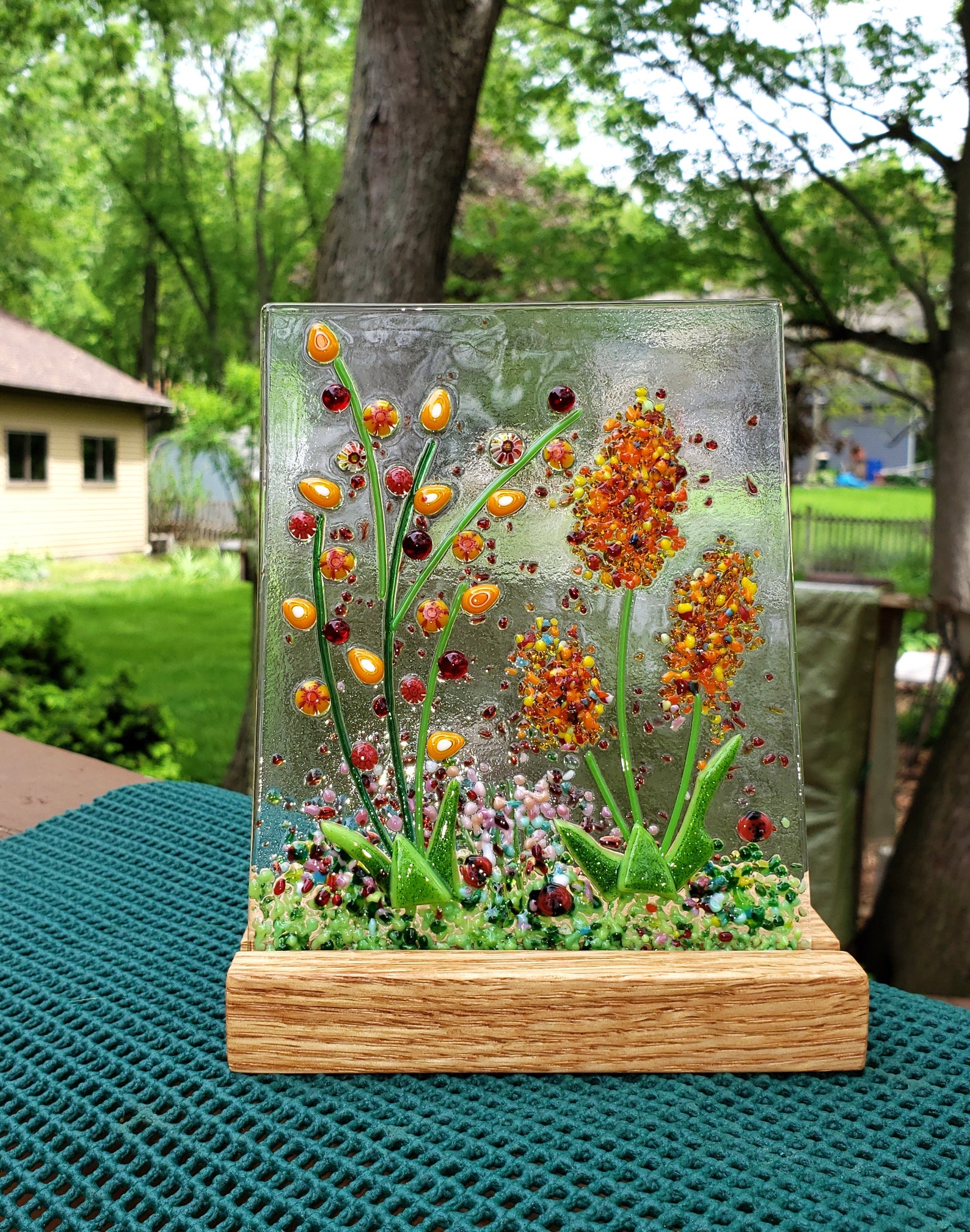 Fused Glass Orange Cottage Garden With Wooden Stand, Fused Glass Nature ...