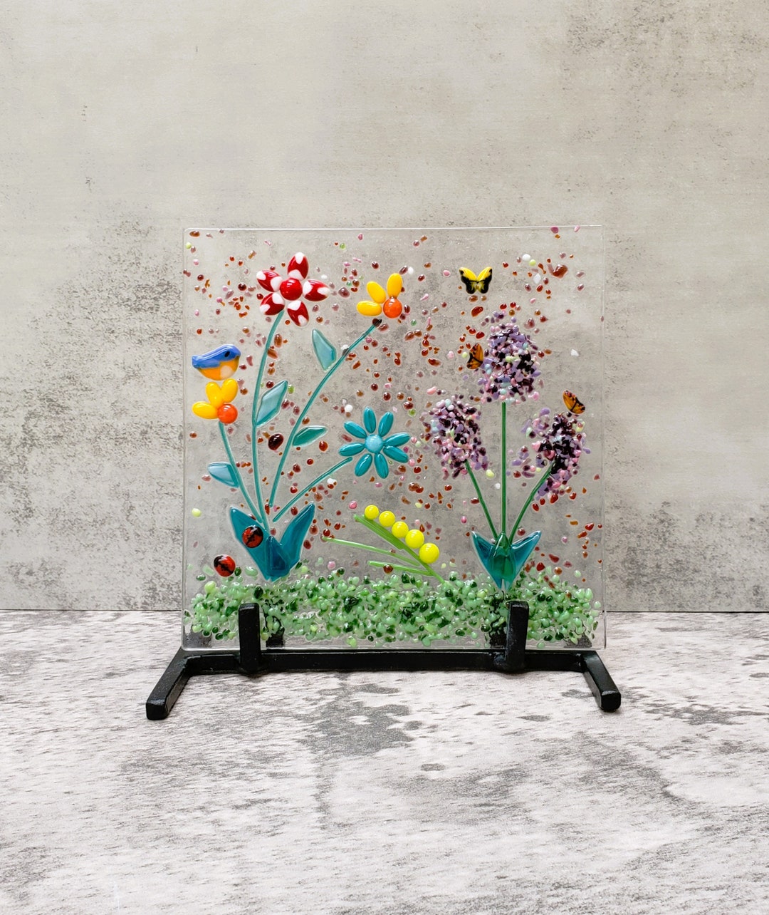 Fused Glass Birds, Bugs and Blooms Garden With Choice of Stand, Summer ...
