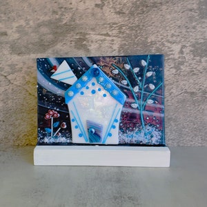 Fused Glass Blue and White Frozen House Panel With Stand, Table Top ...