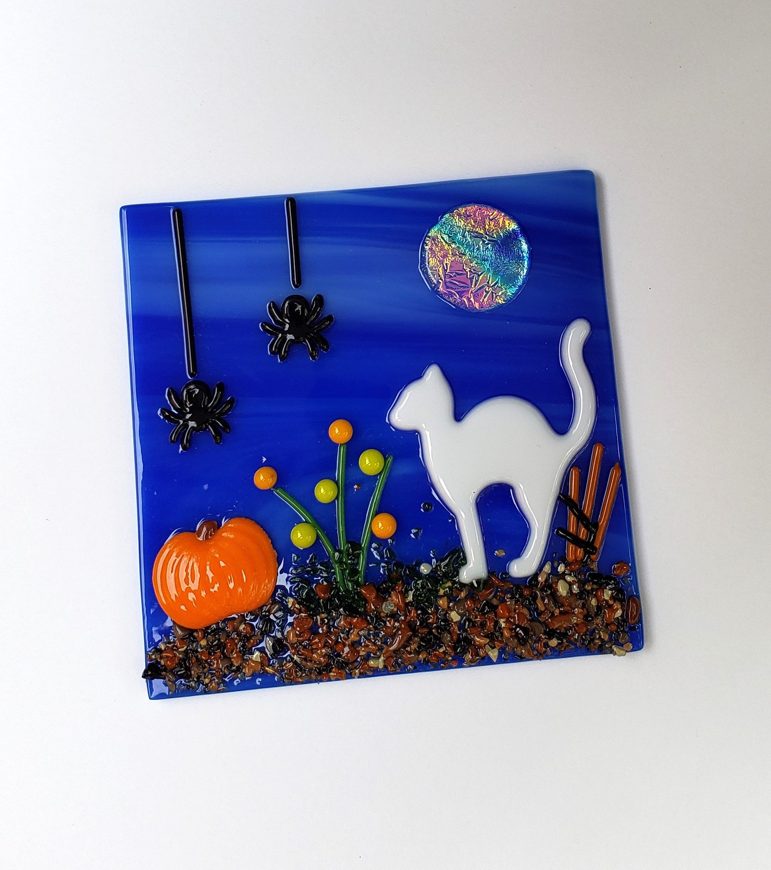 White Cat and Spiders Fused Glass Panel, Fused Glass Halloween Scene ...