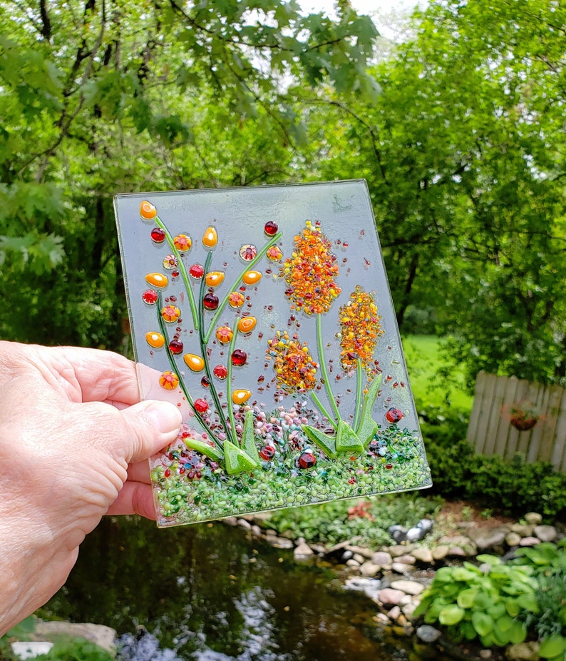 Fused Glass Orange Cottage Garden With Wooden Stand, Fused Glass Nature ...