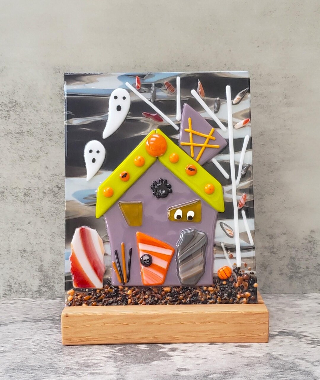 Fused Glass Haunted House Panel: Halloween Table Decoration With Wood ...