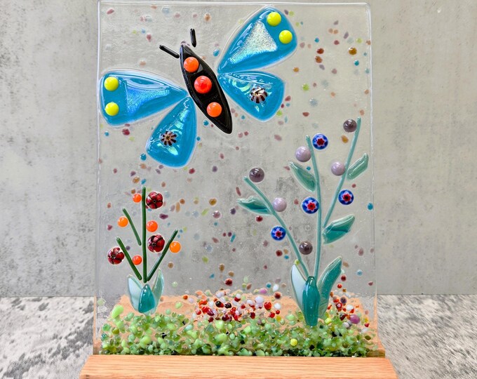 Fused Glass Nature Panel With Wooden Stand, Blue Dichroic Fused Glass ...