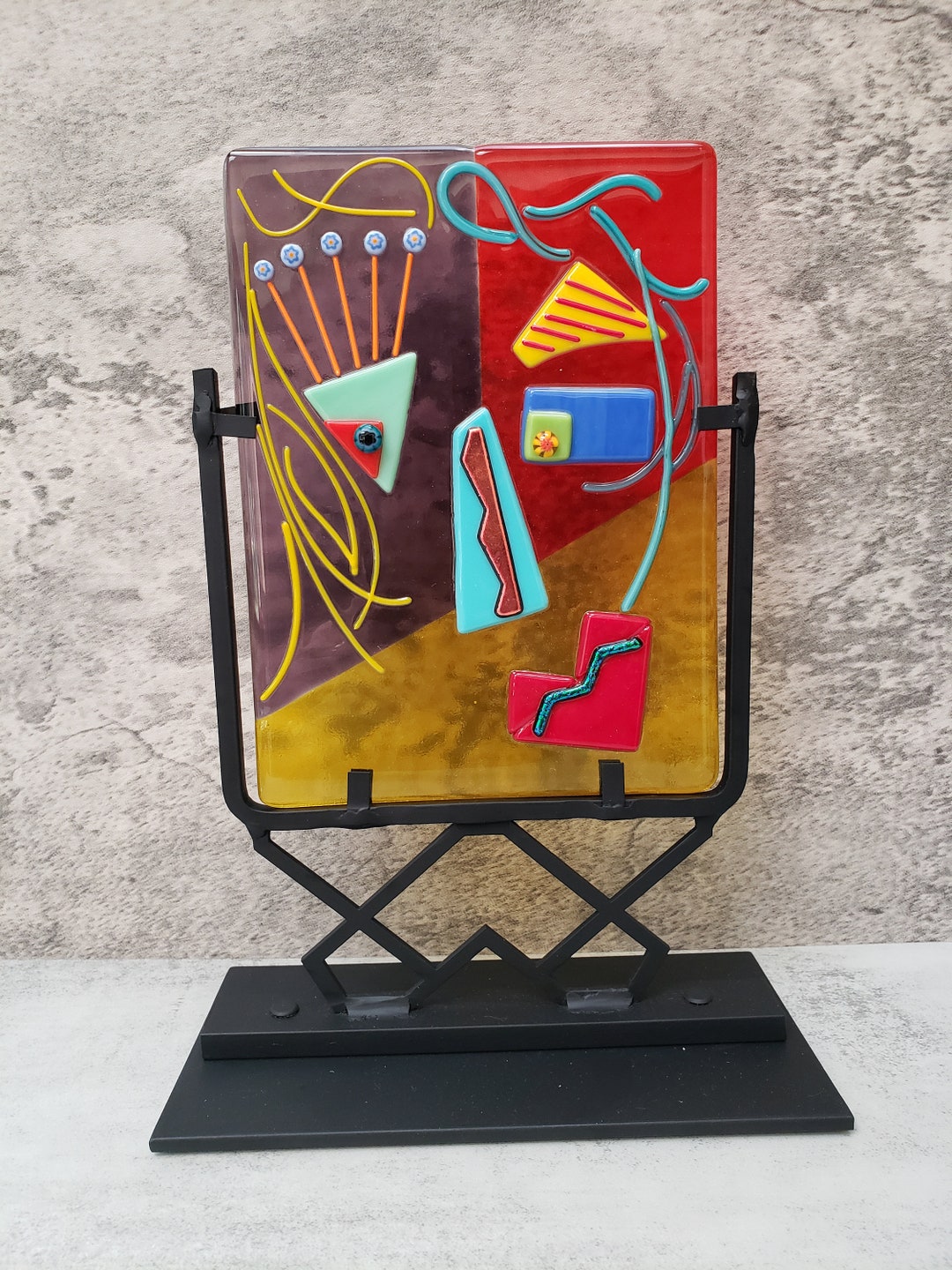 Colorful Funny Face Fused Glass Panel With Display Stand, Dichroic ...