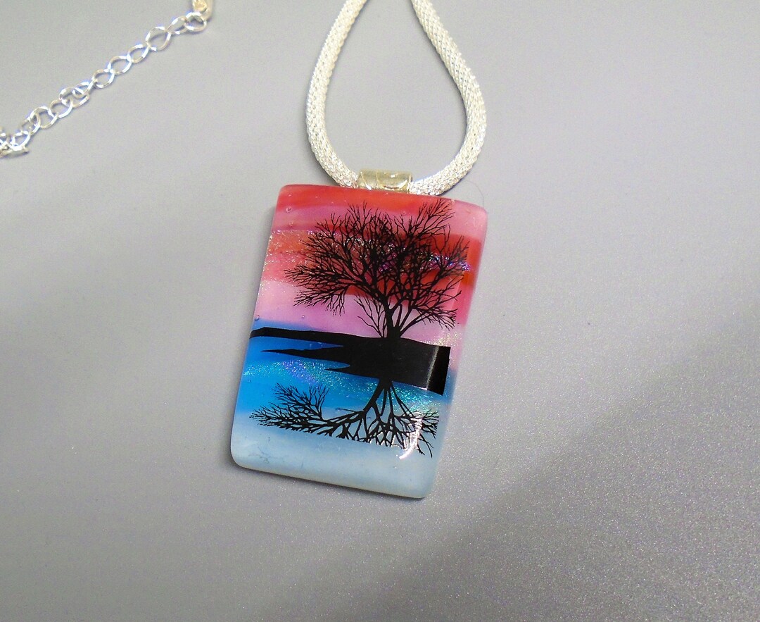Fused Glass Tree Reflection Dichroic Pendant, Landscape Pendant, Scenic ...