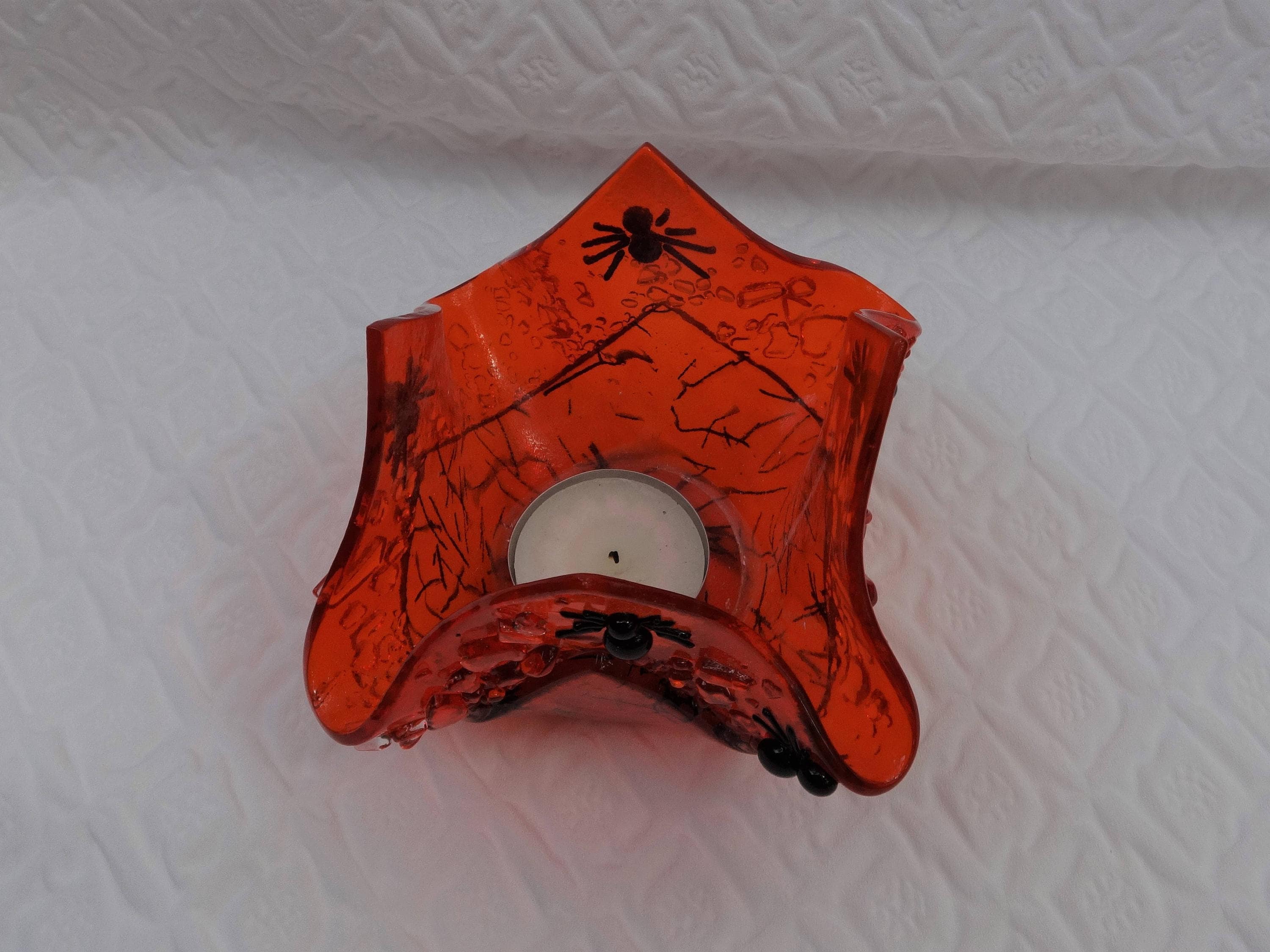 Orange Fused Glass Halloween Spider Candle, Spider Candle Shelter ...