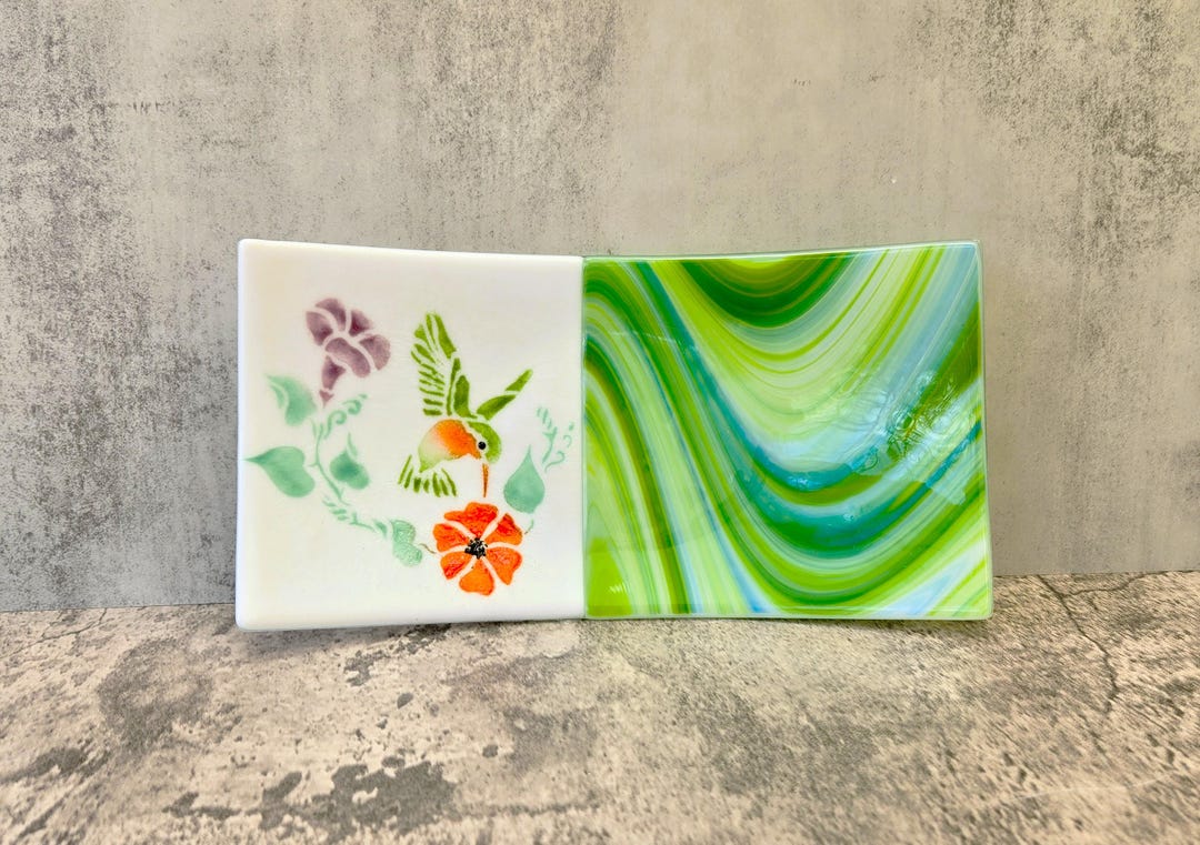 Fused Glass Hummingbird Plate, Bird Lover Glass Sushi Platter, Fused ...