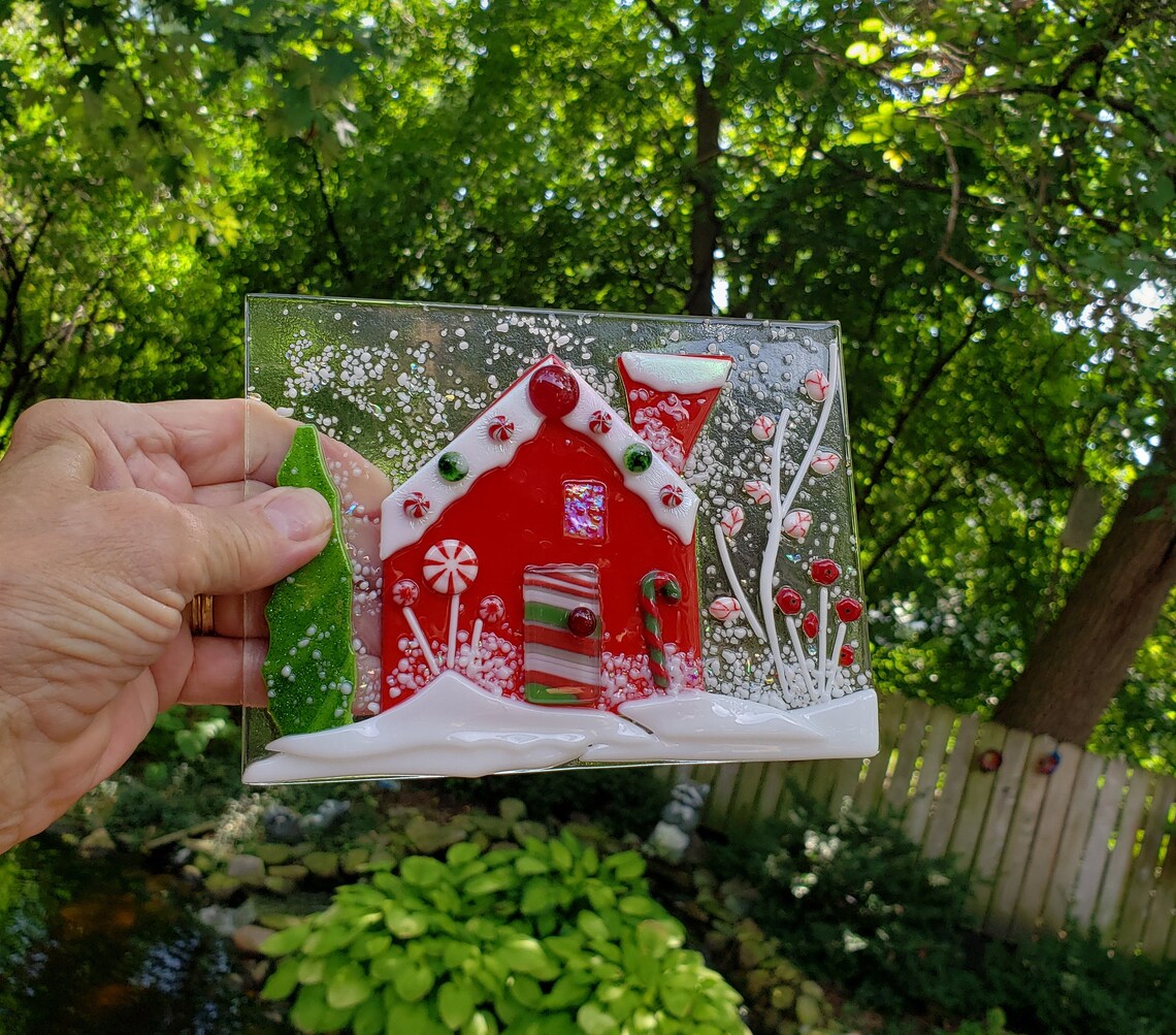 Fused Glass Red Santa's Workshop Panel With Stand Table - Etsy