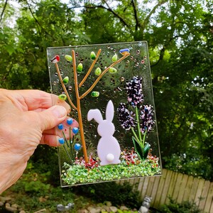 Pink Bunny in a Flower Garden With Oak Stand, Fused Glass Rabbit Nature ...