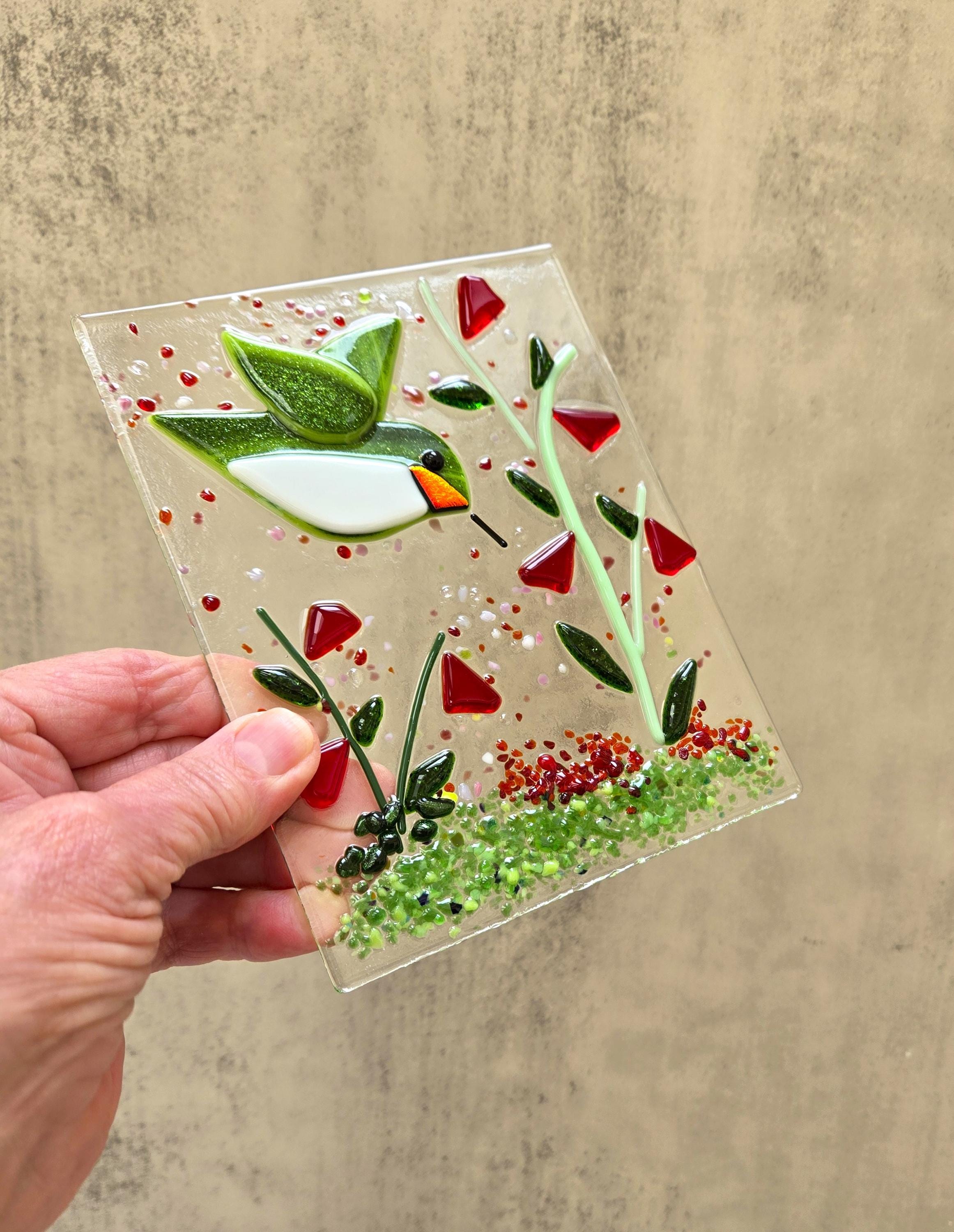 Dichroic Fused Glass Hummingbird Panel, Fused Glass Nature Panel With ...