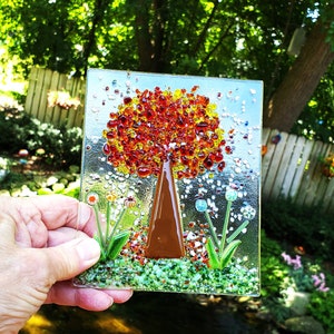 Fused Glass Autumn Tree Nature Panel With Wooden Stand Fall - Etsy