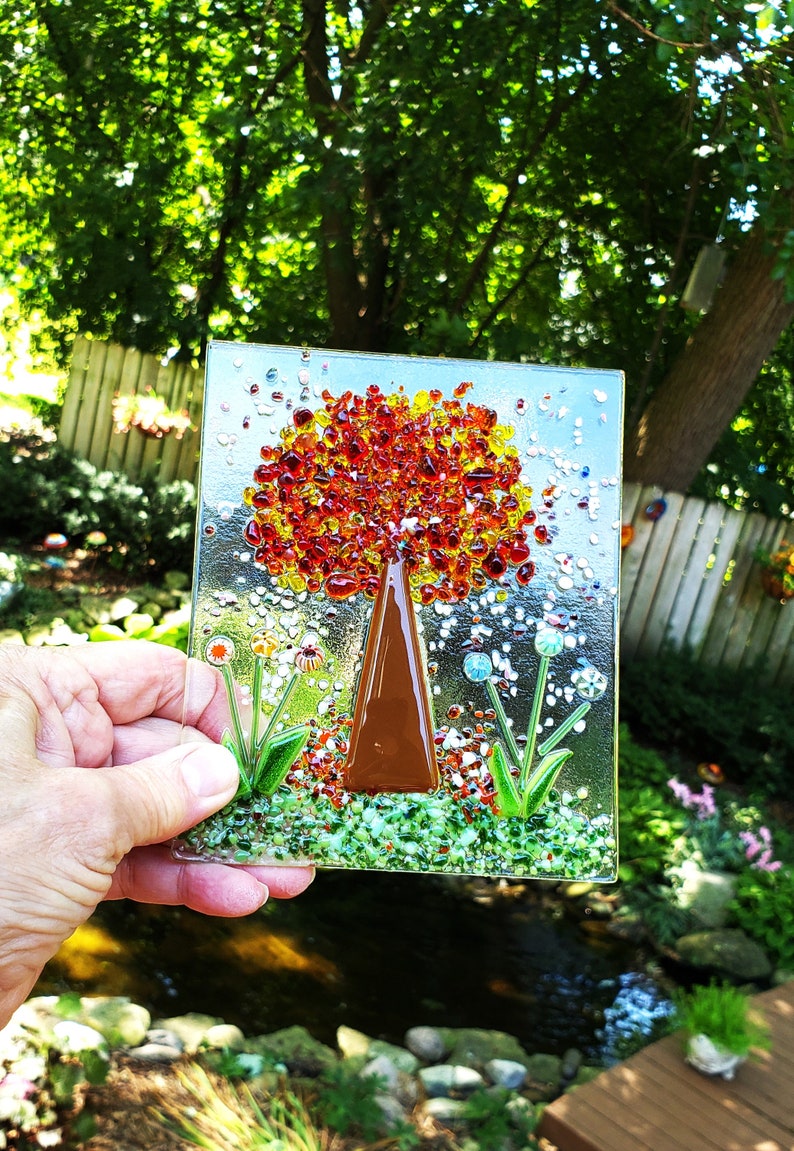Fused Glass Autumn Tree Nature Panel With Wooden Stand Fall - Etsy