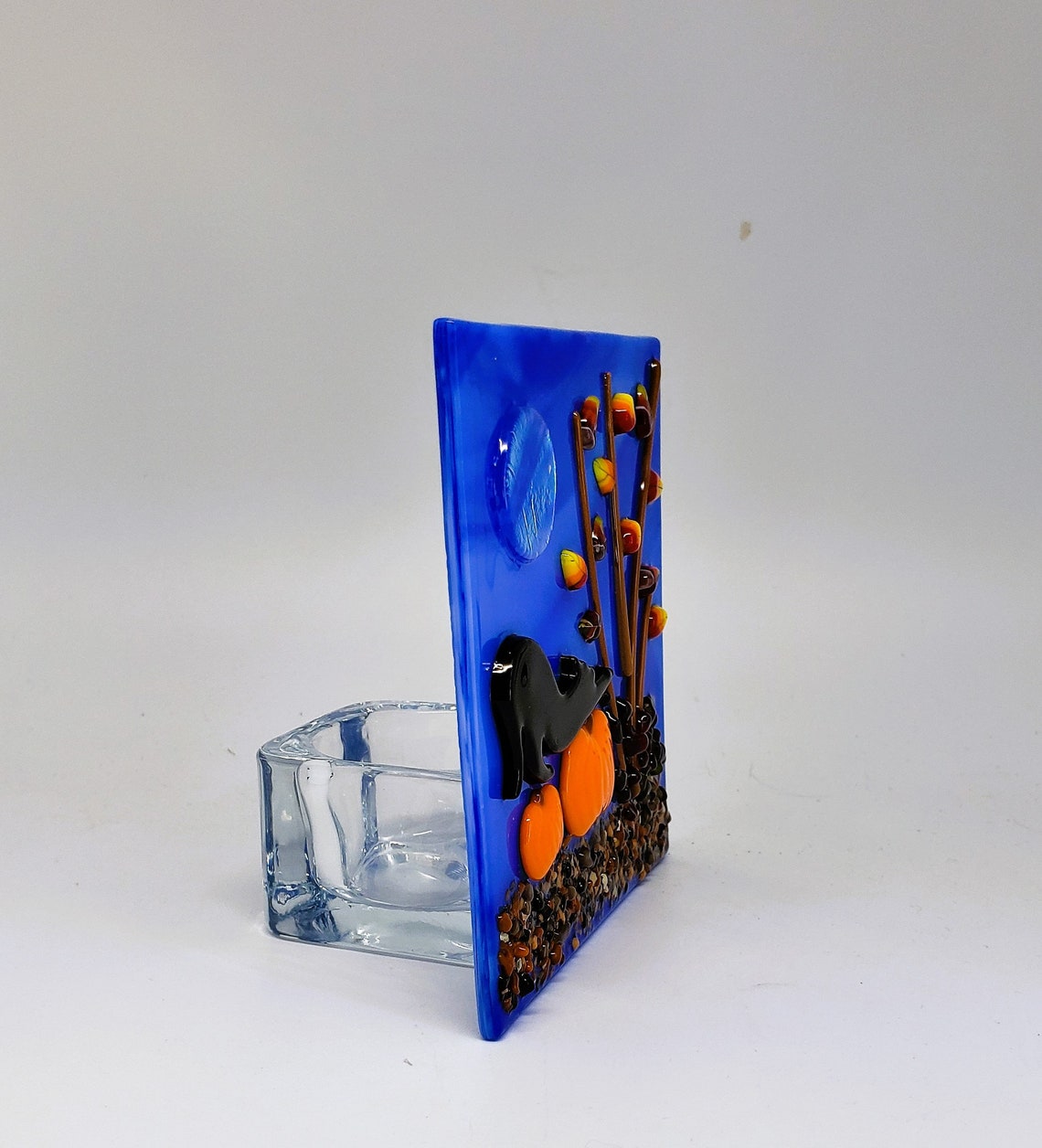 White Cat and Spiders Fused Glass Panel, Fused Glass Halloween Scene ...
