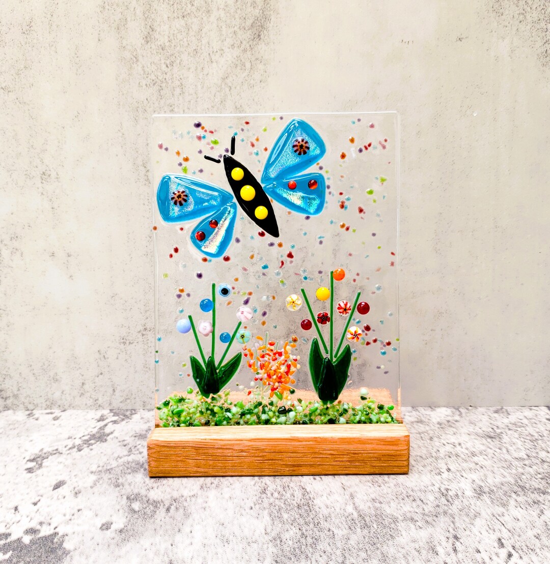 Fused Glass Nature Panel With Wooden Stand, Dark Blue Dichroic Fused ...