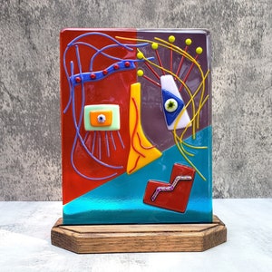 Colorful Funny Face Fused Glass Panel With Display Stand, Dichroic ...