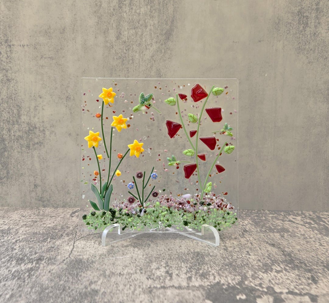 Fused Glass Summer Garden Panel: Daffodils, Hummingbirds, Trumpet Vines ...