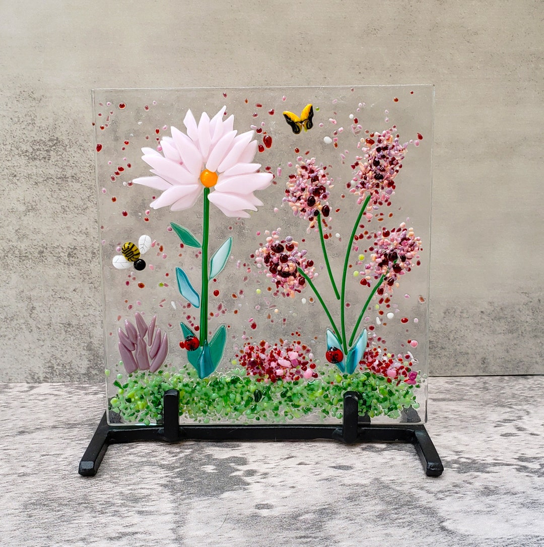 Pink Fused Glass Nature Garden With Choice of Stand, Fused Glass Nature ...