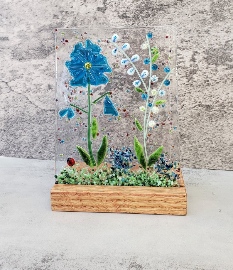 Blue Frilly Fused Glass Flower Garden With Wooden Stand Fused - Etsy