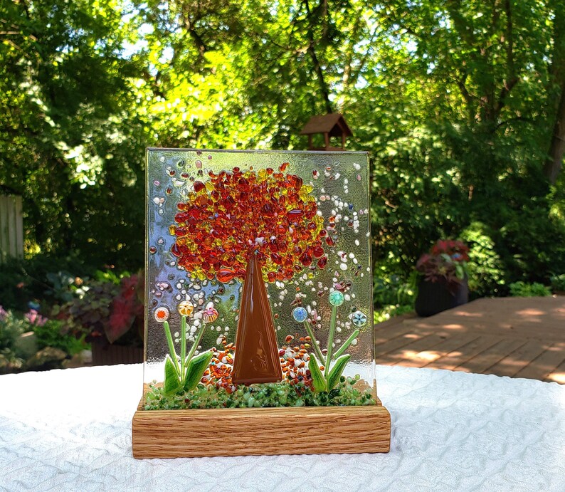 Fused Glass Autumn Tree Nature Panel With Wooden Stand Fall - Etsy