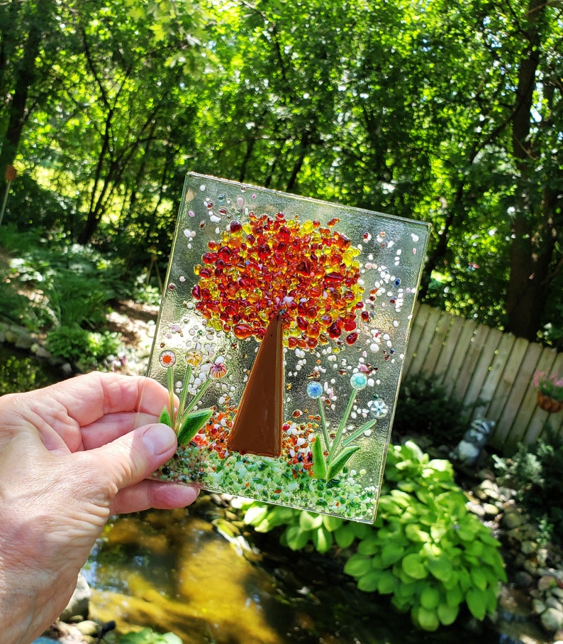 Fused Glass Autumn Tree Nature Panel With Wooden Stand Fall - Etsy