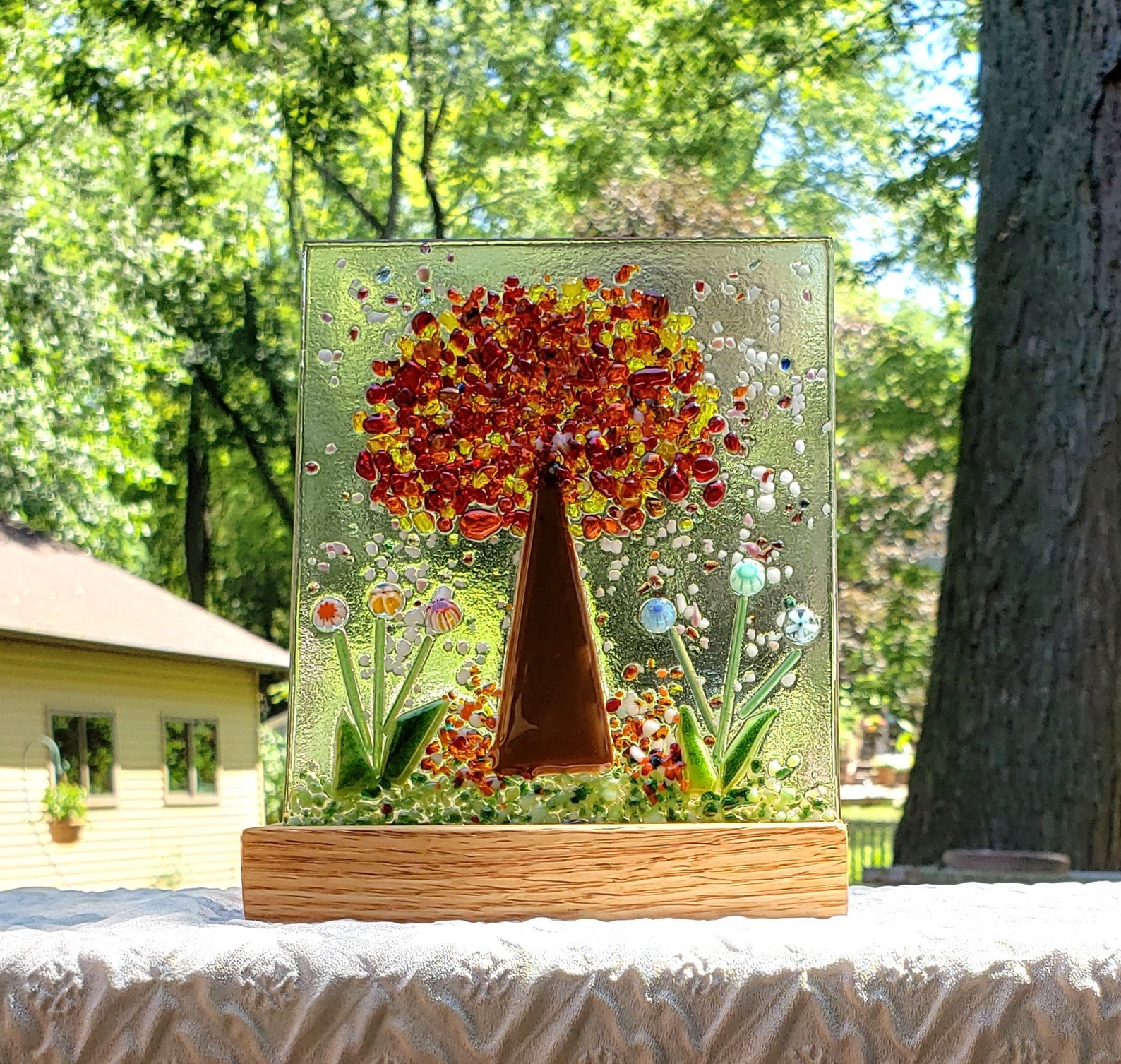 Fused Glass Autumn Tree Nature Panel With Wooden Stand Fall - Etsy