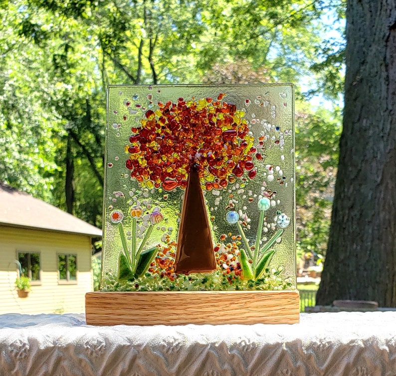 Fused Glass Autumn Tree Nature Panel With Wooden Stand Fall - Etsy