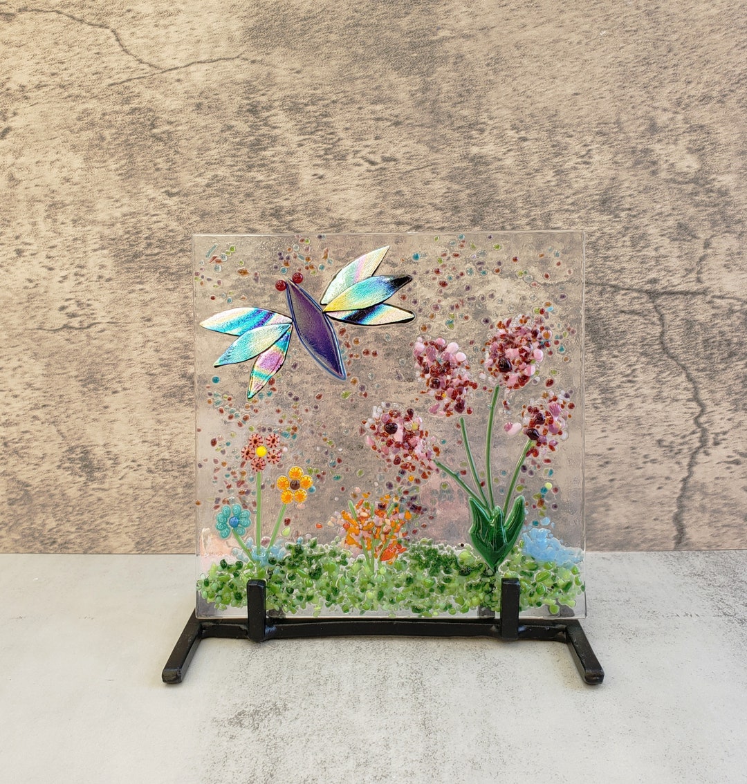 Dichroic Dragonfly Fused Glass Garden Art - Nature Panel With Stand - Etsy