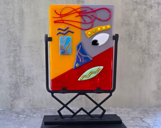 Colorful Funny Face Fused Glass Panel With Display Stand, Dichroic ...