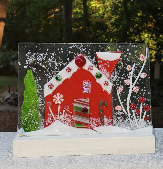 Fused Glass Red Santa's Workshop Panel With Stand Table - Etsy