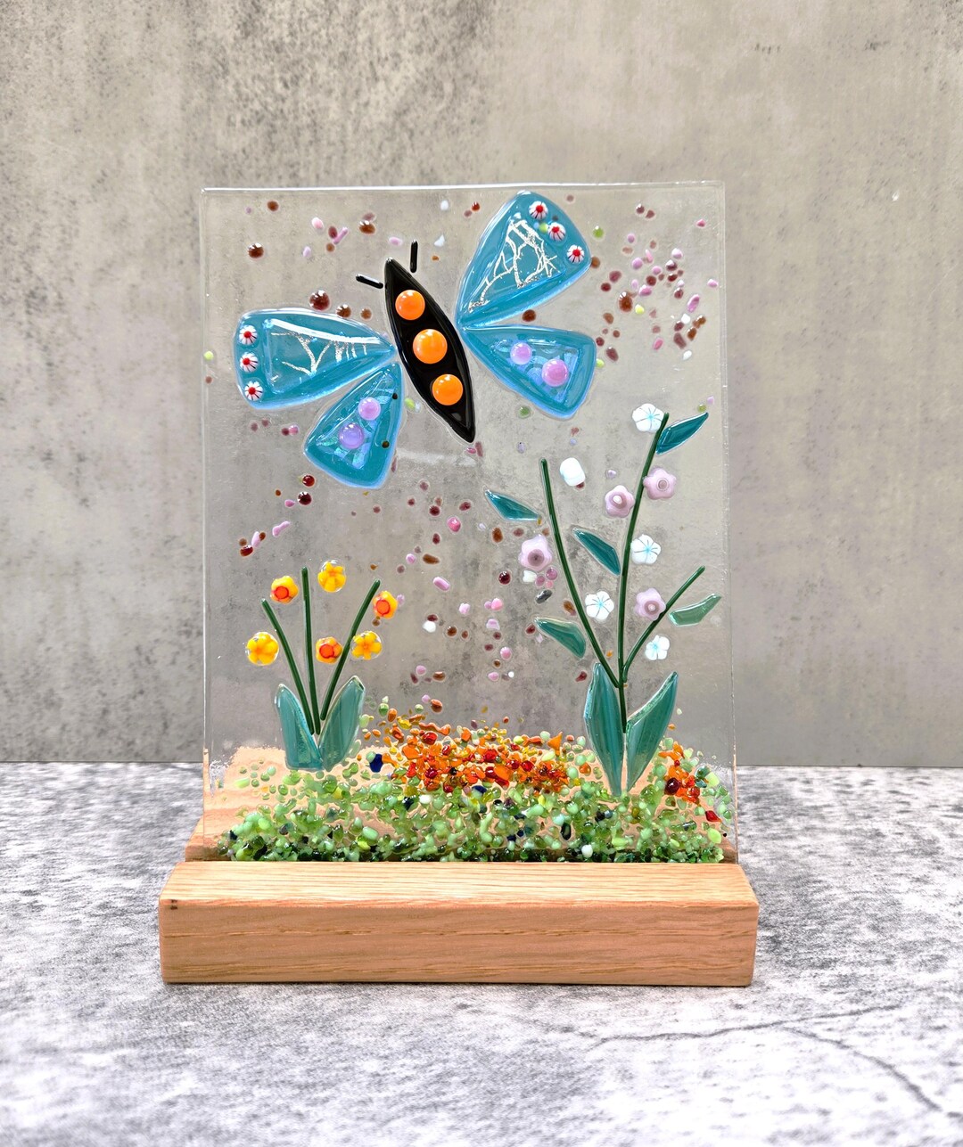 Fused Glass Nature Panel With Wooden Stand, Blue Dichroic Fused Glass ...