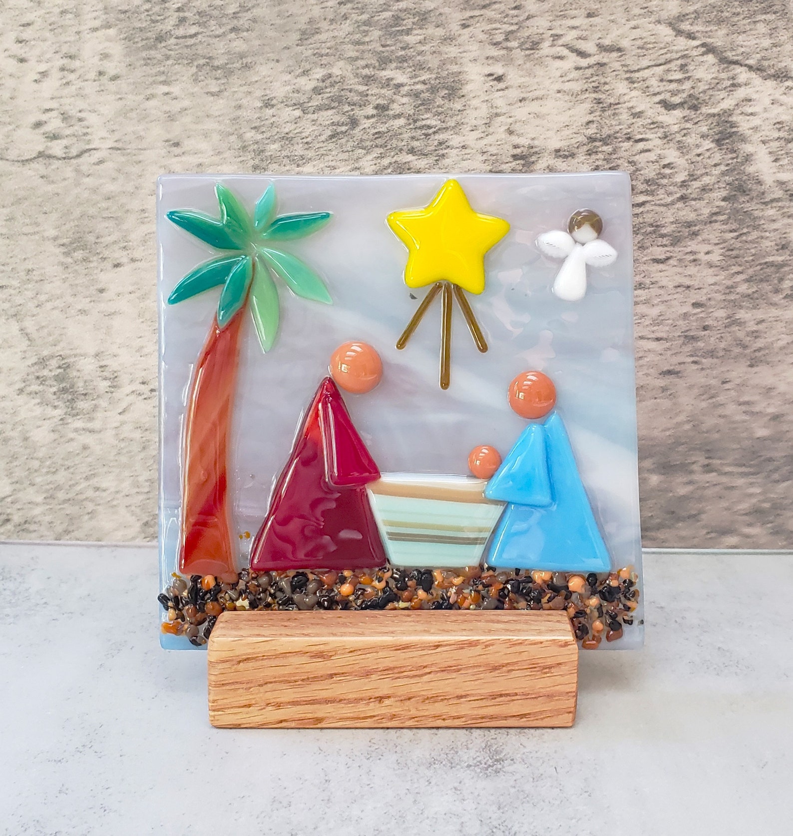 Ethnic Fused Glass Nativity Wood Stand, Desert Holy Family Scene ...