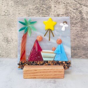 Ethnic Fused Glass Nativity Wood Stand, Desert Holy Family Scene ...