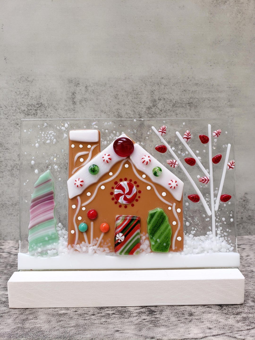 Fused Glass Gingerbread House Panel With Stand, Table Top Holiday ...