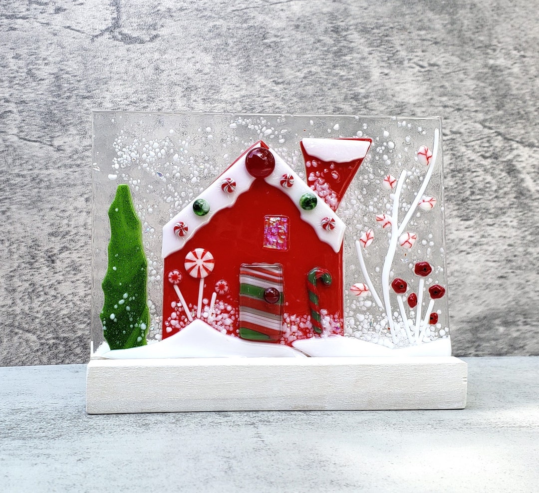Fused Glass Red Santa's Workshop Panel With Stand, Table Top Holiday ...