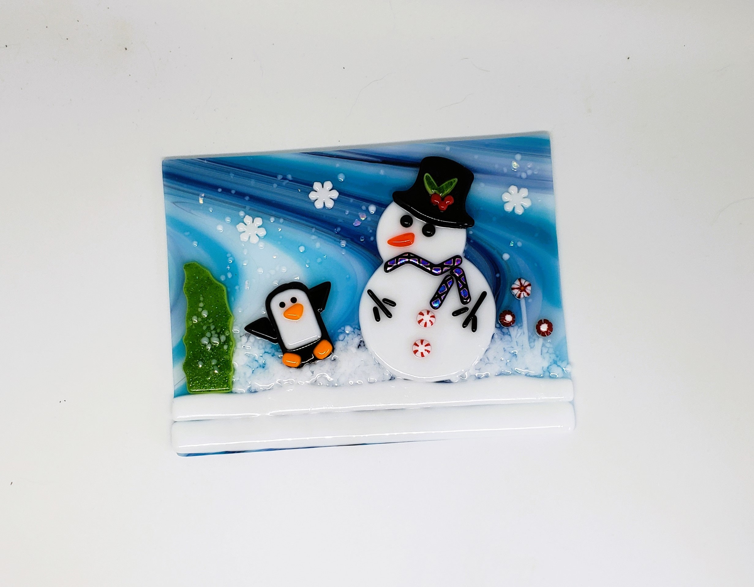 Fused Glass Winter Scene With Stand, Snowman and Penguin Glass Table ...
