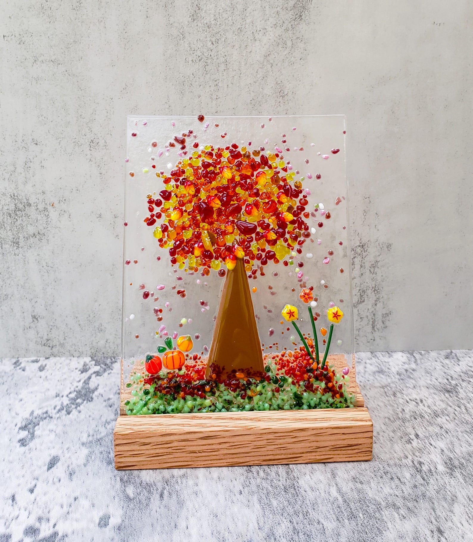 Fused Glass Autumn Tree Nature Panel With Wooden Stand, Autumn Home ...