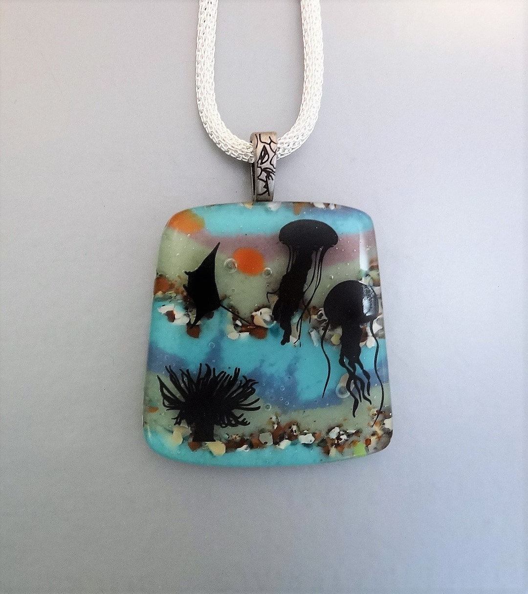 Seascape Pendant, Ocean Scene Pendant, Underwater Pendant, Square Fused ...