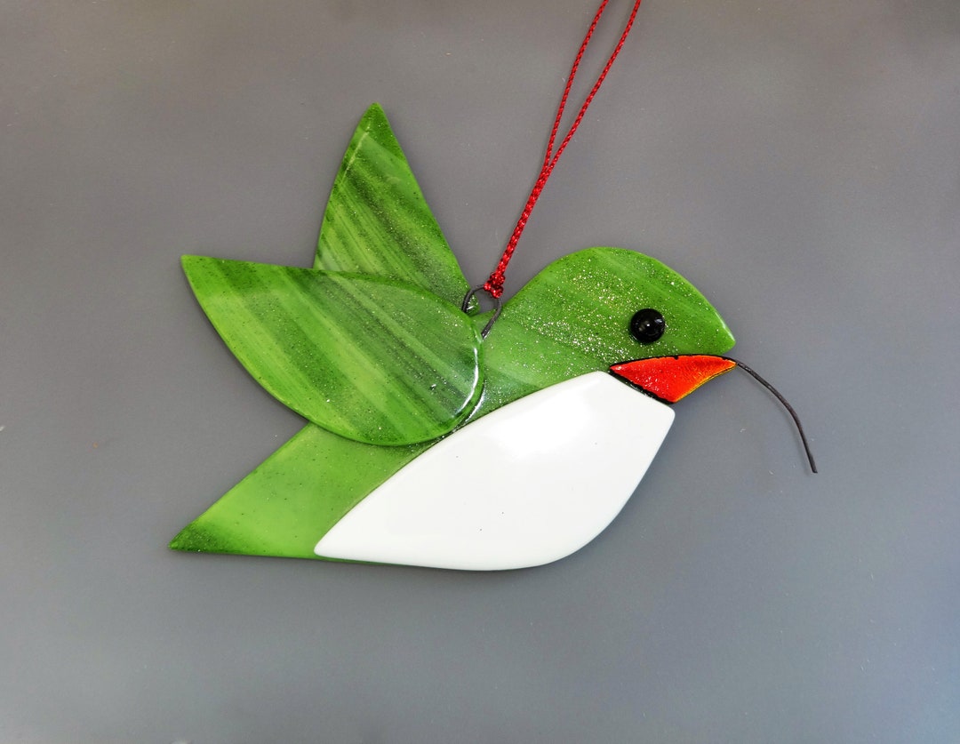 Fused Glass Hummingbird Sun Catcher, Garden Art, Red and Green Stained ...