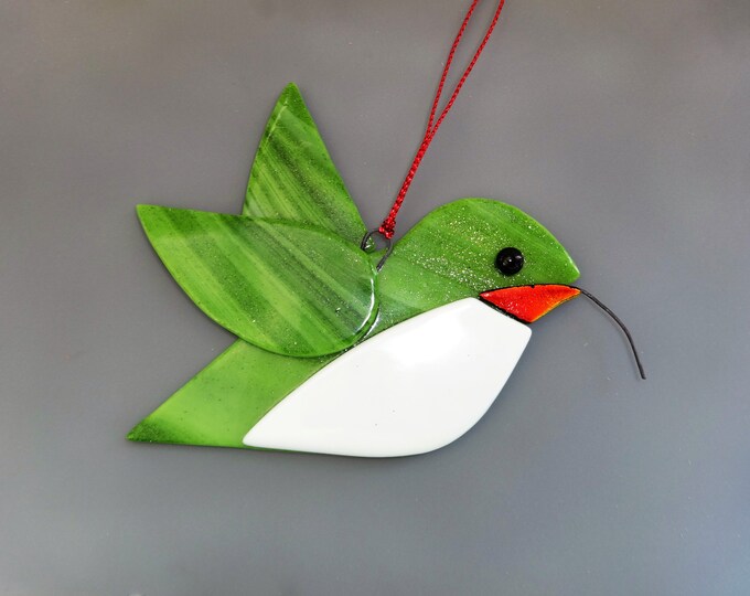 Fused Glass Hummingbird Sun Catcher, Garden Art, Red and Green Stained ...