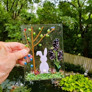 Pink Bunny in a Flower Garden With Oak Stand, Fused Glass Rabbit Nature ...