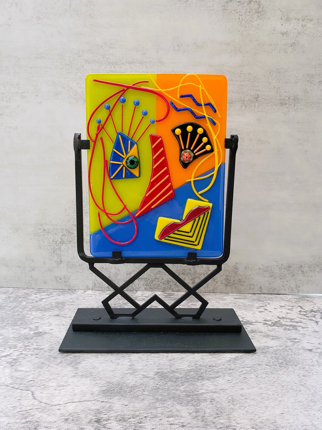 Colorful Funny Face Fused Glass Panel With Display Stand, Dichroic ...