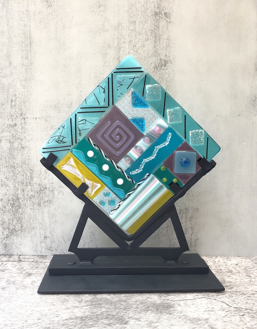 Colorful Geometric Fused Glass Panel With Wrought Iron Display Stand ...