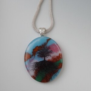 Blue and Pink Glass Pendant, Tree of Life Pendant, Oval Fused Glass ...