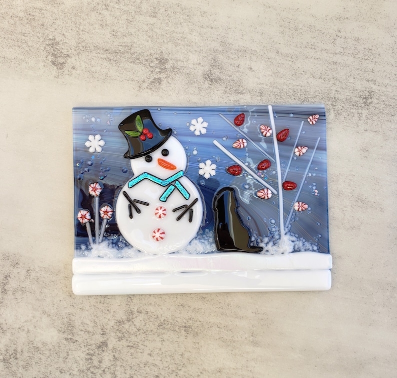 Fused Glass Winter Scene With Stand, Snowman and Puppy Glass Table Top ...