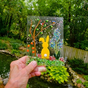 Yellow Bunny in a Flower Garden With Oak Stand, Fused Glass Rabbit ...