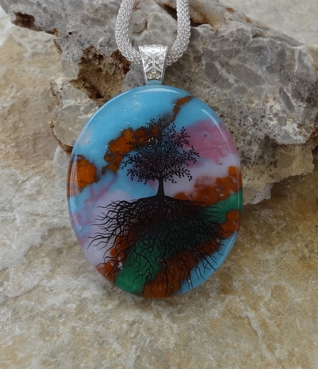 Blue and Pink Glass Pendant, Tree of Life Pendant, Oval Fused Glass ...