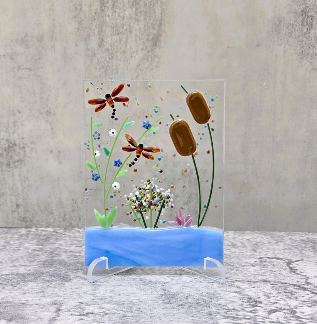 Fused Glass Dragonfly and Cattails Nature Panel With Choice of Stand ...