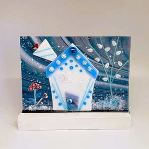 Fused Glass Blue and White Frozen House Panel With Stand, Table Top ...