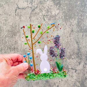 Pink Bunny in a Flower Garden With Oak Stand, Fused Glass Rabbit Nature ...