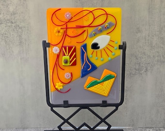 Colorful Funny Face Fused Glass Panel With Display Stand, Dichroic ...